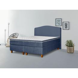 Inosign Boxspringbett &raquo;Jalma&laquo; F&uuml;&szlig;e aus massiver Birke ; Inkl. Topper blau 100% Polyester Samtvelours PUR-Schaum-Topper, Liegefl&auml;che B/L: 140cm x 200cm
