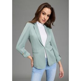 Bruno Banani Damen Sweatblazer h&uuml;ftlange Blazerform, figurbetonte Passform, mit Reverskragen gr&uuml;n 34