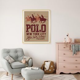 queence Bild mit Rahmen &raquo;Vintage Polo Club New York&laquo; Amerika Pferde Reitbilder Schriftzug HD Premium Poster-Druck inkl. Echtholzrahmen in beige 