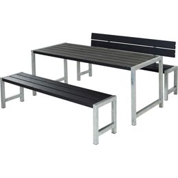 Plus Garten-Essgruppe &raquo;Plankengarnituren&laquo; 3 Stk. tlg. bestehend aus: Tisch und 2 B&auml;nke + 1 R&uuml;ckenlehne schwarz B/H/T: 185cm x 81cm x 186cm