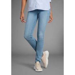 Arizona Damen Slim-fit-Jeans &raquo;Bund mit seitlichem Gummizugeinsatz&laquo; schmale Passform, R&ouml;hrenjeans, Used-Waschung, hohe Leibh&ouml;he blau 76, K + L Gr