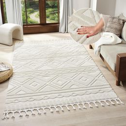 OTTO home Teppich &raquo;Bonvo&laquo; rechteckig 19 mm H&ouml;he mit Fransen, Hoch-Tief-Struktur, Wohnzimmer, Schlafzimmer, Boho-Style beige Kunstfaser B : 240cm 1 Stk