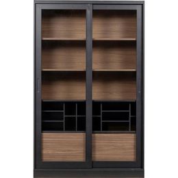 Woood Vitrine &raquo;James mit FSC Massivkiefer und Glasdekor-T&uuml;ren B125 x T47 x H200 cm&laquo; Tragkraft 15 kg pro Einlegeboden, MDF-R&uuml;ckwand mit Nussbaumoptik 
