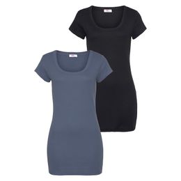 Flashlights Damen T-Shirt 2er-Pack, figurbetonter Schnitt, unifarben, Rundhalsausschnitt blau 32/34 (XS)