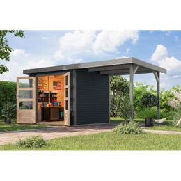Karibu Gartenhaus &raquo;Jupiterino 3 SET, in verschiedenen Farben&laquo; inkl. Anbaudach schwarz Massivholz ohne Fu&szlig;boden, Blechdach