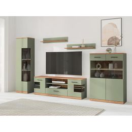 OTTO home Wohnwand &raquo;Ribe: 5‐teilig, Oberplatte aus Massivholz, viel Stauraum, Trendfarbe&laquo; 5 Stk. tlg. gr&uuml;n Holzwerkstoff, Massivholz Einheitsgr&ouml;&szlig;e
