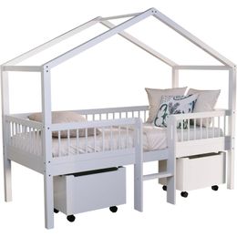 Vipack Hausbett &raquo;Inkl. Dachaufbau, Leiter und Rolllattenrost, Made in Europe&laquo; wahlweise mit und ohne dekorativem Textilhimmel erh&auml;ltlich, hochwertig und 