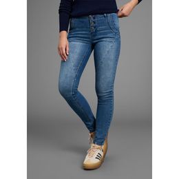 Bruno Banani Damen Skinny-fit-Jeans extraenger Schnitt, normale Leibh&ouml;he, mit Ges&auml;&szlig;- und Eingrifftaschen blau 42, N-Gr