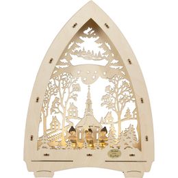 SAICO Original LED Schwibbogen &raquo;LED-Lichterspitze, Seiffener Kirche&laquo; f&uuml;r Batteriebetrieb, Timer, LED-Stripe, warmwei&szlig;, BxHxT: 21,5x29x5 cm beige Holz 
