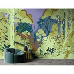 Livingwalls living walls Vliestapete &raquo;Fototapete Dschungel Gr&uuml;n Violett Grafisch Retro&laquo; matt glatt Vlies B/L: 2,7m x 4m, Rollen: 1