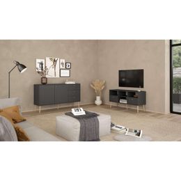 Home Affaire TV-Board &raquo;Bodo TV-M&ouml;bel, TV-Unit, Mediam&ouml;bel, Regal&laquo; 2 Schubladen und 4 offene F&auml;cher, Beine und Griffe aus Massivholz grau Holzwerkstoff