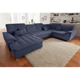 DOMO collection Wohnlandschaft &raquo;FRANZI optional mit Bettfunktion, Bettkasten & Kopfteilverstellung&laquo; U-Form, Recamiere links, marine, B/T: 352/214 cm 