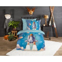 Good Morning Kinderbettw&auml;sche &raquo;Fred&laquo; 2 Stk. Flanell Biber, 135x200, Warm, Rei&szlig;verschluss, Wende, Weltraum, Rakete blau Flanell, Obermaterial: 100% 