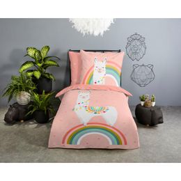 Good Morning Kinderbettw&auml;sche &raquo;Llamaa&laquo; 2 Stk. Baumwolle, 135x200, Rei&szlig;verschluss, Wende, Kind, M&auml;dchen, Lama, Rosa rosa Renforc&eacute;, Obermaterial: 100% 