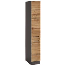 KOCHSTATION Apothekerschrank &raquo;KS-Tulsa&laquo; 30 cm breit, 200 cm hoch, mit 2 Ausz&uuml;gen, Metallgriff, MDF Front braun grafit, B/H/T: 30cm x 200cm x 60cm