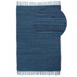 CarpetFine Teppich &raquo;Kelim Chindi uni, auch als L&auml;ufer&laquo; rechteckig 5 mm H&ouml;he Wendeteppich, reine Baumwolle, handgewebt, Uni-Farben, mit Fransen blau 