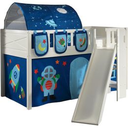 Vipack Hochbett &raquo;Scott&laquo; Made in Europe, mit schr&auml;ger Leiter, LF 90x200 cm, Vorhang, Tunnel, 4 Designs wei&szlig; 100% Baumwolle Bettmit Rutsche und Leiter, 