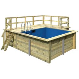 Karibu Rechteckpool &raquo;Holzpool Milano B&laquo; BxLxH: 353x320x124 cm, kesseldruckimp&auml;gniert mit 2 Sonnenterassen blau &Oslash;/B/H/L: 476,5cm x Breite 353cm x H&ouml;he 124cm x