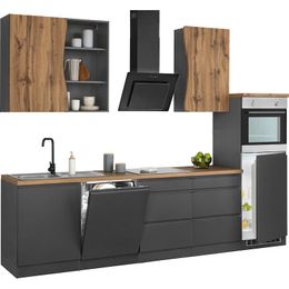 KOCHSTATION K&uuml;chenzeile &raquo;KS-Bruneck&laquo; 300 cm breit, Ceran-oder Induktionskochfeld, hochwertige MDF-Fronten schwarz B/H/T: 300cm x 200cm x 60cm,mit 