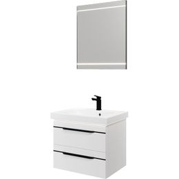 Badm&ouml;bel-Set &raquo;Balto 2-teilig Mineralmarmor-Waschtisch mit LED-Spiegel, Waschplatz&laquo; 2 Stk. tlg. wei&szlig; Holzwerkstoff B/H/T: 64,4cmcm x 200cmcm x 46cmcm,