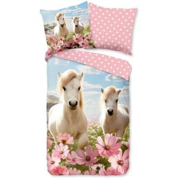 Good Morning Kinderbettw&auml;sche &raquo;Philou&laquo; 2 Stk. 100% Baumwolle, 135x200, Wendeoptik, M&auml;dchen, Pferd, Pferde, Blumen bunt Renforc&eacute;, Obermaterial: 100% 