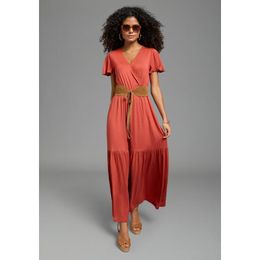 Laura Scott Damen Sommerkleid langer Schnitt, f&uuml;r warme Tage, aus Single Jersey, mit Fl&uuml;gel&auml;rmeln rot 48, N-Gr