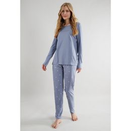 Tom Tailor Damen Tom Tailor Schlafanzug &raquo;Charlotte&laquo; 2 tlg. Langarm, Rundhalsausschnitt, gepunktet, basic, Baumwolle blau 36 (S)