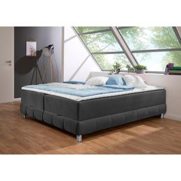 Home Affaire Boxspringbett &raquo;Vaasa&laquo; f&uuml;r Dachschr&auml;gen geeignet, inkl. Bettkasten und Topper grau Samtstoff, Liegefl&auml;che B/L: 200cm x 200cm, H2 + H2, 7-