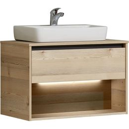 Badm&ouml;bel-Set &raquo;Keramikaufsatzbecken, Waschtischplatte und Waschtischunterschrank&laquo; 3 Stk. tlg. beige Holzwerkstoff B/H/T: 81cmcm x 61,9cmcm x 45,5cmcm