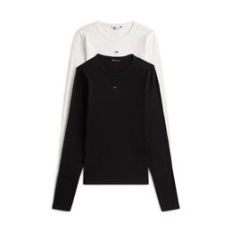 Tommy Jeans Damen Langarmshirt &raquo;TJW 2PACK SLIM ESSENTIAL RIB LS&laquo; Packung, 2er-Pack, 2 Stk. in Rippoptik, mit Logostickerei schwarz L (42/44)