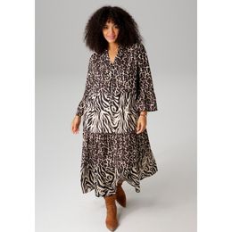Aniston Plus Damen Aniston PLUS Midikleid im extravaganten Animal-Zebra-Printmix schwarz 46, N-Gr