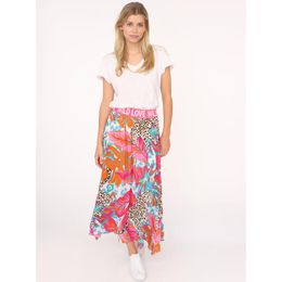 Zwillingsherz Damen Maxirock &raquo;"Dschungel Leopard"&laquo; Animal-Print, bunten Bl&auml;ttern, Schriftzug, Viskose, kn&ouml;chellang bunt L/XL