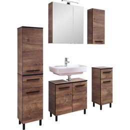 Badm&ouml;bel-Set &raquo;Quickset 374 5-teilig, Waschbeckenunterschrank mit LED-Spiegelschrank&laquo; 7 Stk. tlg. braun Holzwerkstoff B/H/T: 60cmcm x 200cmcm x 33cmcm