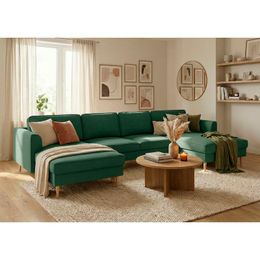 Home Affaire Wohnlandschaft &raquo;Booster, whlw. mit Schlaffunktion & Bettkasten, Fu&szlig; Buche lackiert&laquo; Sofa in U-Form, Breite 305 cm, in Cord oder Struktur 