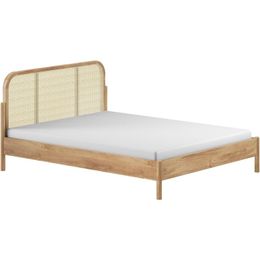 Vipack Bettgestell &raquo;Olive, Bettpfosten Eiche massiv und furnierten Bettseiten&laquo; mit hochwertigem Rattan-Geflecht Kopfteil, Rahmen Eiche massiv, ohne 
