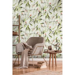 Livingwalls living walls Fototapete &raquo;Vogeltapete Bl&auml;tter&laquo; gemustert matt neutral glatt Fototapete Floral Tapeten Wohnzimmer Schlafzimmer K&uuml;che Design Optik gr&uuml;n 