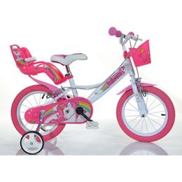 DINO BIKES Kinderfahrrad &raquo;16" Unicorn Einhorn Kinderfahrrad M&auml;dchenfahrrad Freilauf 4&ndash;7 Jahre&laquo; 1 Gang mit St&uuml;tzr&auml;dern, Korb und Puppensitz pink 28cm, 16 Zoll (