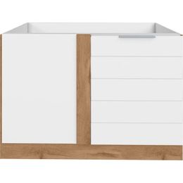 KOCHSTATION Eckunterschrank &raquo;KS-Luhe&laquo; 120 cm breit, hochwertige MDF-Fronten mit waagerechter Lisene wei&szlig; MDF wotaneiche, B/H/T: 120cm x 82cm x 60cm, 