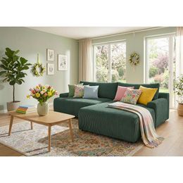 Trendmanufaktur Ecksofa &raquo;Prag, Schlafsofa mit Bettkasten, Couch in L-Form, Breite 253 cm&laquo; in Cordstoff HYPER, dunkelgr&uuml;n, Recamiere rechts gr&uuml;n 92%