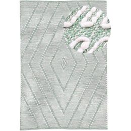 CarpetFine Teppich &raquo;Kelim Durry, auch als L&auml;ufer&laquo; rechteckig 5 mm H&ouml;he geometrisch, Hoch-Tief Effekt, handgewebt, reine Baumwolle, Fleckerl gr&uuml;n 