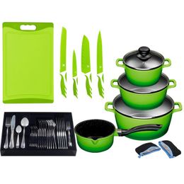 King Topf-Set &raquo;&raquo;ALUGUSS&laquo; Aluminiumguss, Induktion, Antihaftbeschichtung&laquo; Set, 3 T&ouml;pfe, 1 Stieltopf, 3 Glasdeckel, 43 Stk. tlg. Aluminiumguss gr&uuml;n 10 l