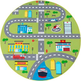 Paco Home Kinderteppich &raquo;Bino 570&laquo; rund 4 mm H&ouml;he Kurzflor, Stra&szlig;en-Spiel-Teppich, Kinderzimmer gr&uuml;n Polyester &Oslash; 200cm 1 Stk., 4mm, &Oslash; 200cm