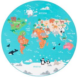 Paco Home Kinderteppich &raquo;Bino 564&laquo; rund 4 mm H&ouml;he Kurzflor, Motiv Weltkarte, Kinderzimmer blau Polyester &Oslash; 160cm 1 Stk., 4mm, &Oslash; 160cm