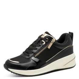 Tamaris Damen Keilsneaker, Gr. 38, schwarz, Lederimitat, Textil, gl&auml;nzend, kontrastfarbene Details, unifarben mit Farbeinsatz, Schuhe, Halbschuh,