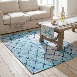 Sansibar Teppich &raquo;Keitum 005&laquo; rechteckig 3 mm H&ouml;he Flachgewebe, modernes Design, Motiv Fischernetz & gekreuzte S&auml;bel blau Polyester B : 60cm 1 Stk., 3mm, L: 