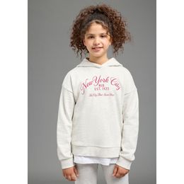 H.I.S. H.I.S M&auml;dchen Kapuzensweatshirt &raquo;2in1 look, Sweatshirts mit New York Druck&laquo;, Hoodie mit modischem Druck und Badge, in weich angerauter Sweatware beige