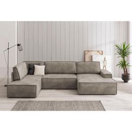 OTTO home Wohnlandschaft &raquo;SHERWOOD Vintage Lederoptik U-Form, 329 cm&laquo; Schlaffunktion m. Bettkasten (194x139 cm), Cord, Vintage, Samtvelours grau 100% 