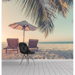 queence Fototapete &raquo;Strandliegen am Meer&laquo; Meer Motiv Strand bedruckt nat&uuml;rlich realistisch glatt Wandpaneele, selbstklebend, Tapete, Sticker, Wanddeko