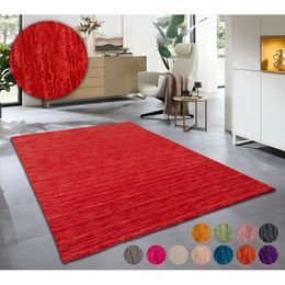 Theko Wollteppich &raquo;Holi&laquo; rechteckig 13 mm H&ouml;he Uni-Farben, leicht meliert, reine Wolle, handgewebt mit Kn&uuml;pfoptik rot Schurwolle B : 40cm 1 Stk., 13mm