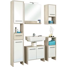 Badm&ouml;bel-Set &raquo;Quickset 350 5-teilig, mit Waschbeckenunterschrank und LED-Spiegel&laquo; Set, 5 Stk. tlg. beige Holzwerkstoff B/H/T: 128cmcm x 200cmcm x 